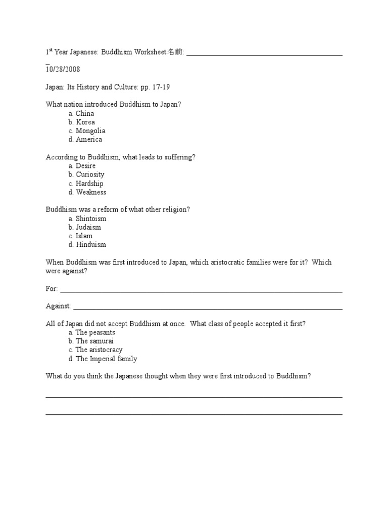 1st Year Culture Buddhism Worksheet | PDF | Bodhisattva | Shinto