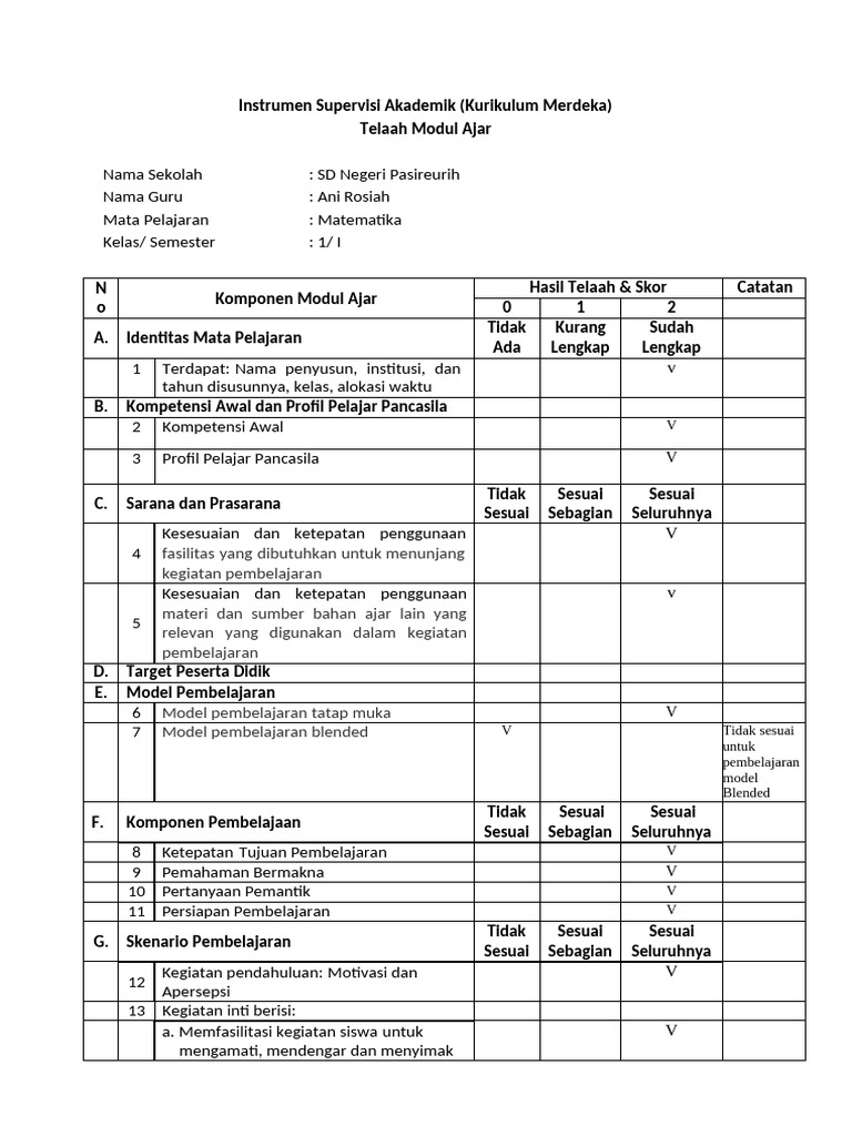 Instrumen Supervisi Penelaahan Modul Ajar | PDF