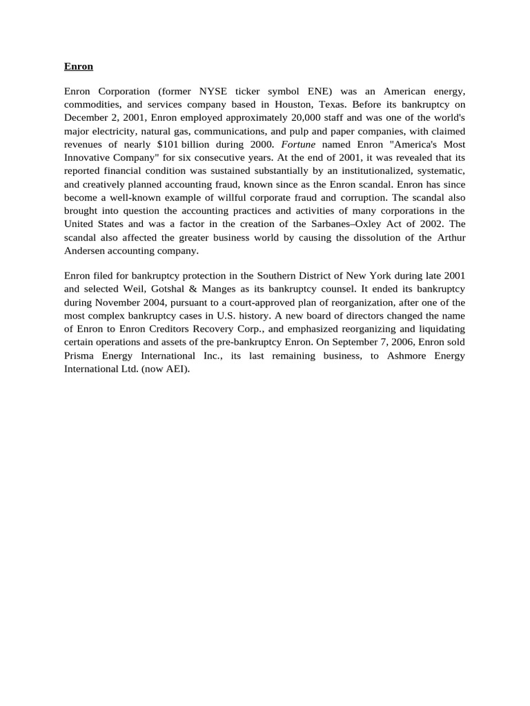 Enron: Corporate Fraud and Bankruptcy | PDF