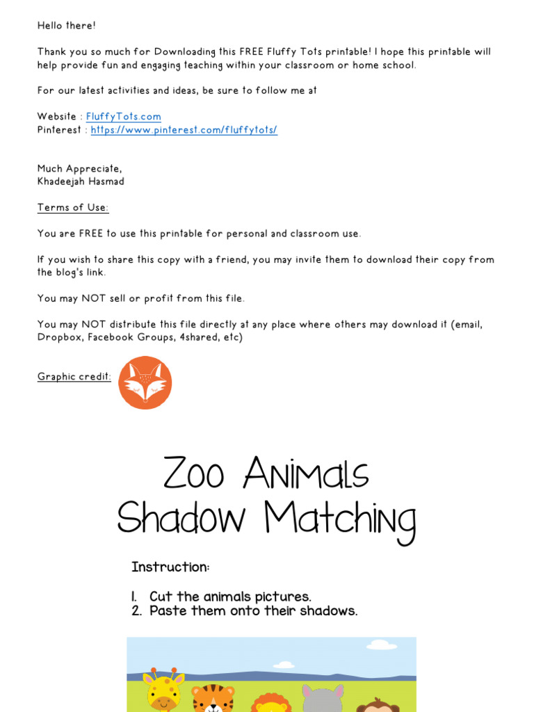 Shadow Matching Zoo Animals | PDF