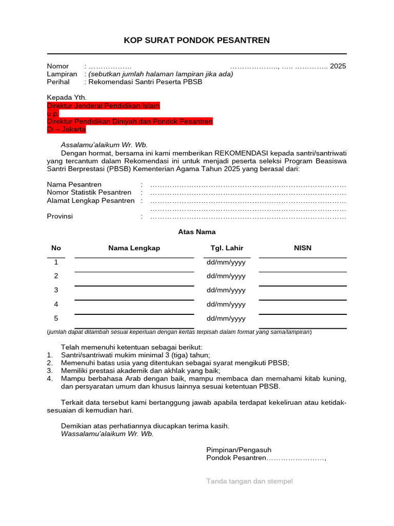 20 - Format Surat Rekomendasi Dari Pondok Pesantren | PDF