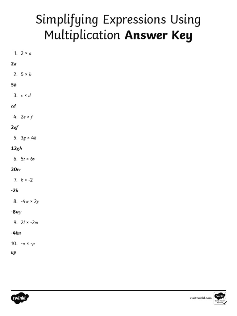 Simplifying Expressions Using Multiplication Answer Key | PDF