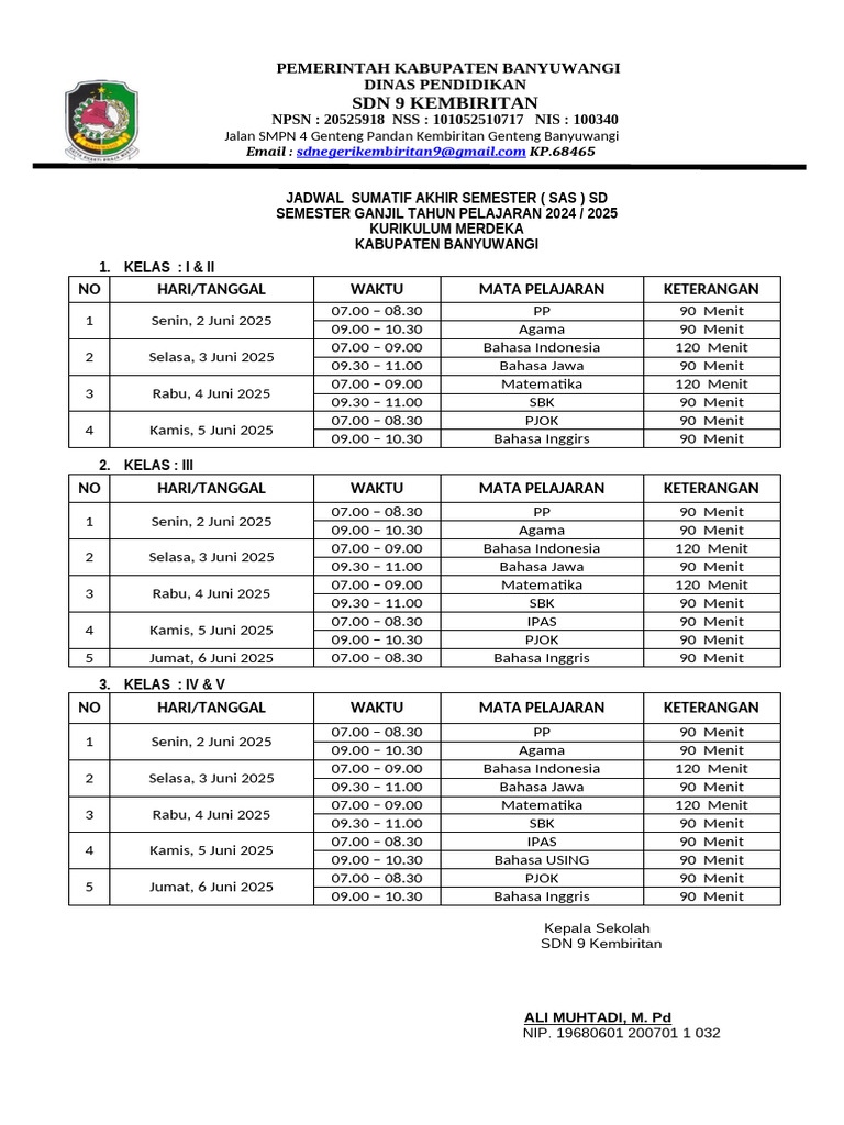 JADWAL SAS KLS 1 - 5 2024 SEKOLAH (1) | PDF