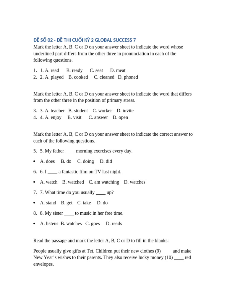 De Thi Cuoi Ky 2 Global Success 7 de 2 3 | PDF