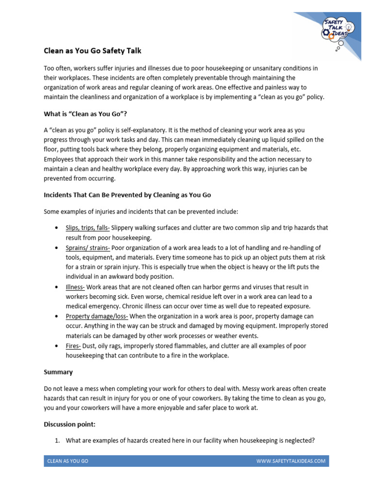 Clean As You Go Safety Talk PDF | PDF | Housekeeping | Hazards