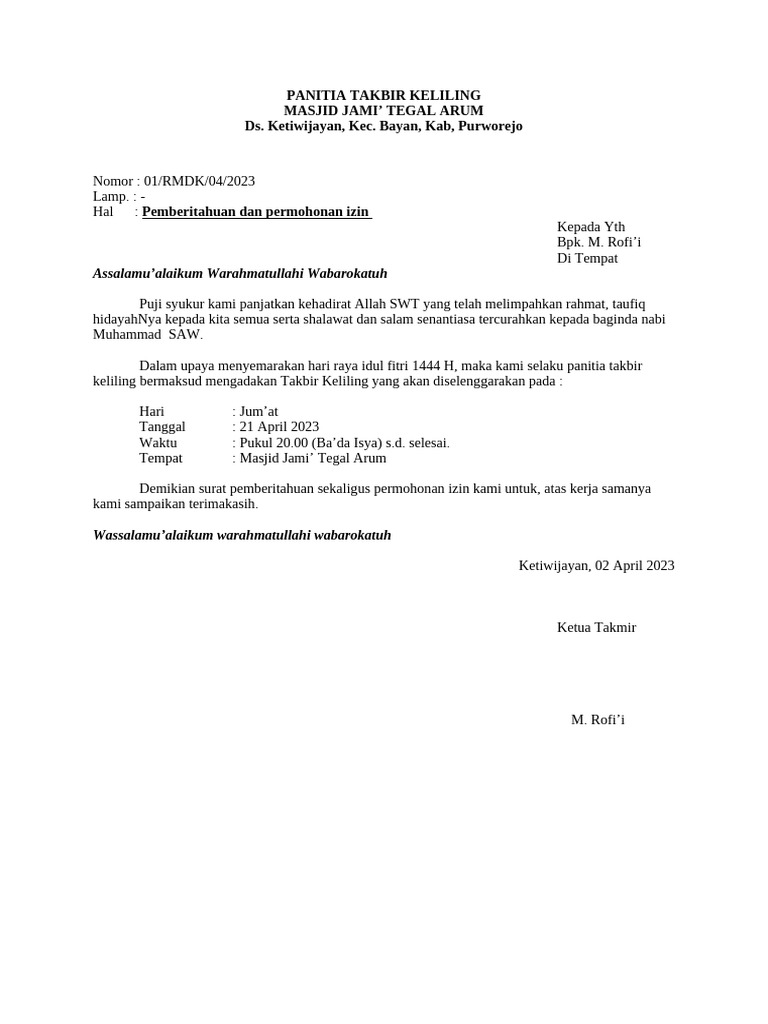 Surat Perizinan Diadakannya Takbir Keliling | PDF