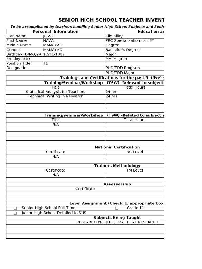 SHS Teacher Inventory Edited | PDF | Qualifications | Learning