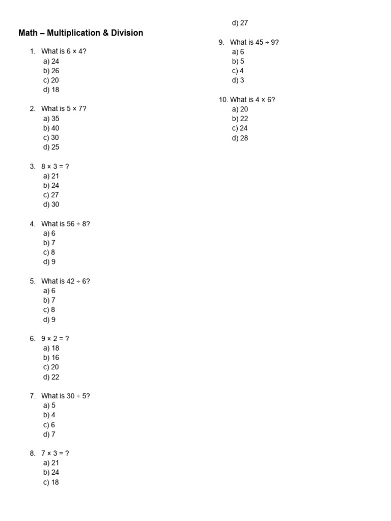 Math - Multiplication & Division (Grade 3) | PDF