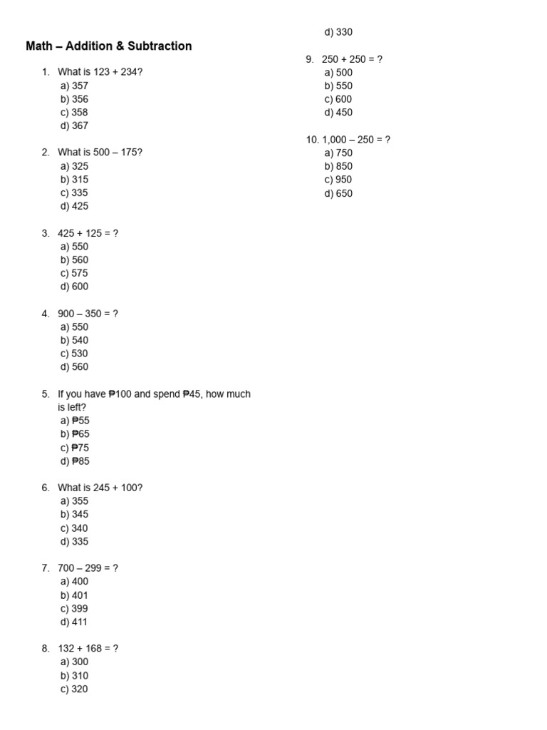 Math – Addition & Subtraction (Grade 3) | PDF