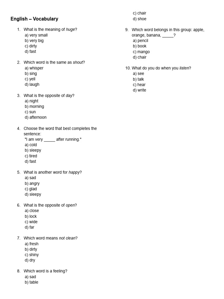 Grade 3 Vocabulary Quiz | PDF