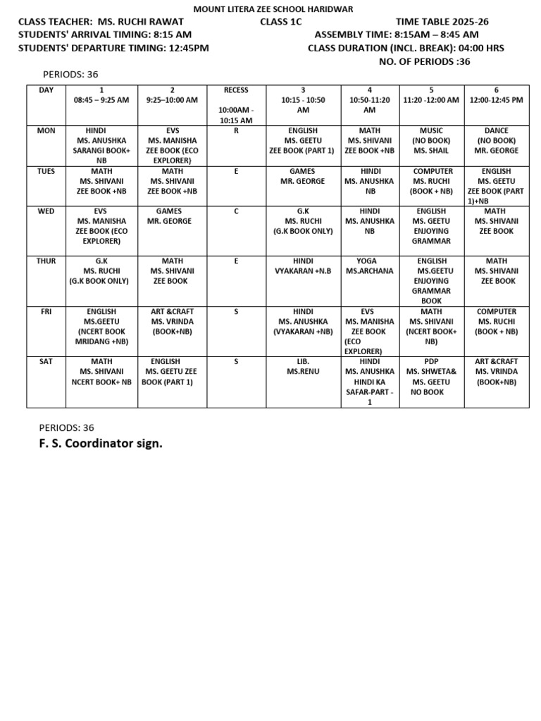Class Time Table 2025-26 1C | PDF