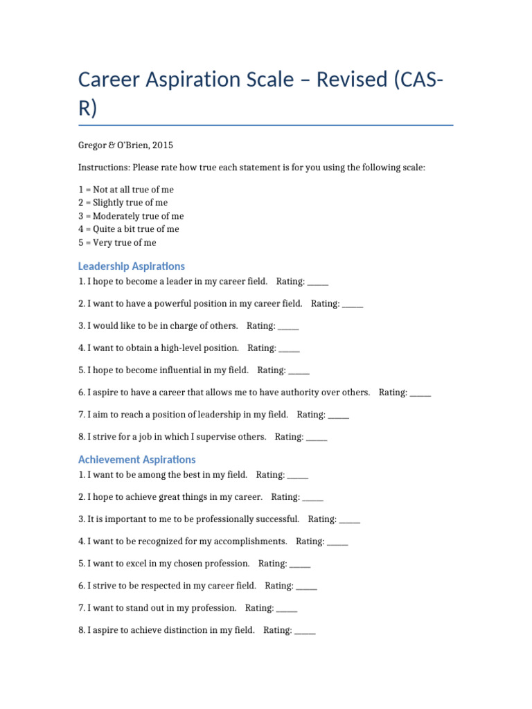 Career Aspiration Scale Revised Fillable | PDF