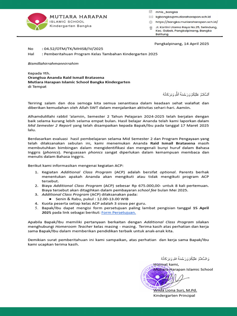 Raid Ismail Bratasena - Pemberitahuan Program Kelas Tambahan ...