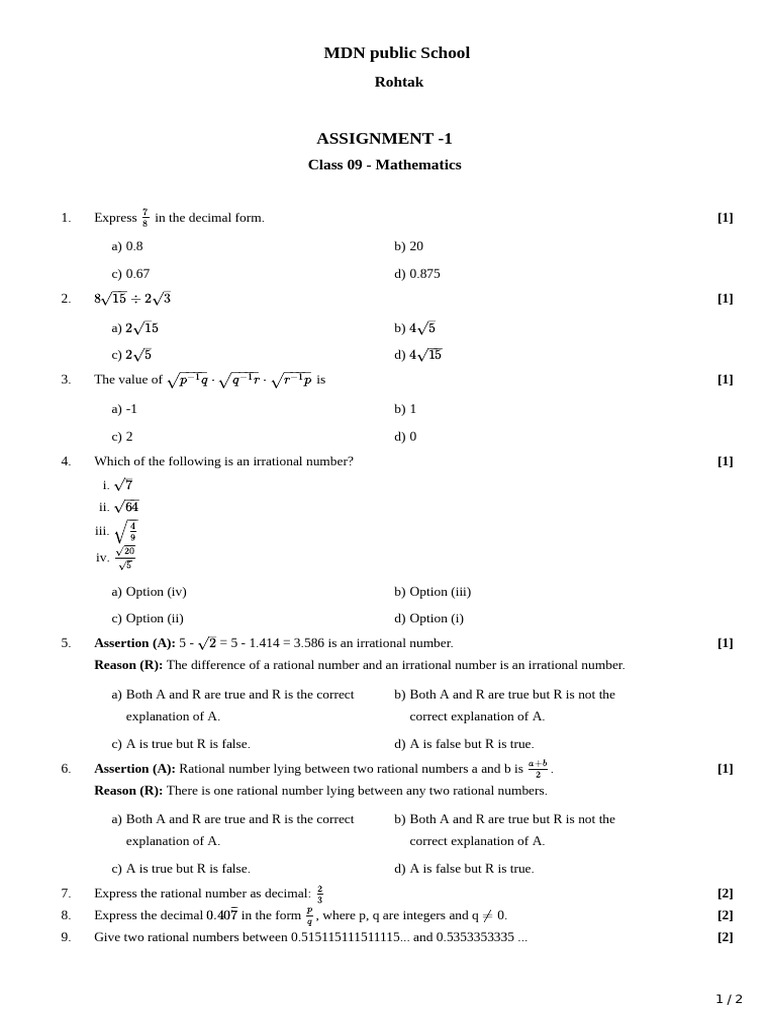 Ch-1, Assignment, IX Maths | PDF | Numbers | Rational Number