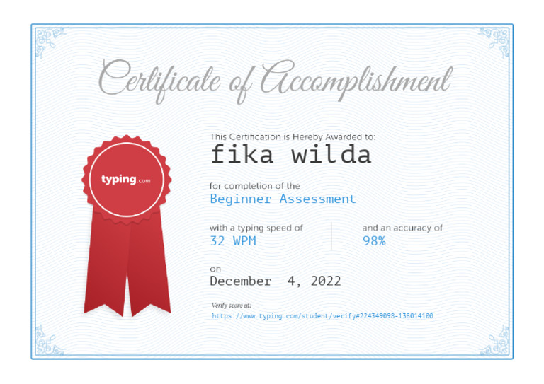 Fika Wilda: Beginner Assessment 32 WPM 98% | PDF