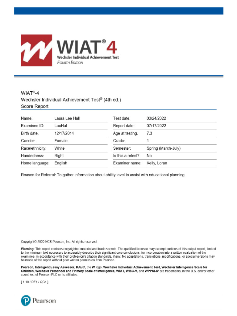 WIAT-4 Score Report - Laura Lee Hall (Sample) - Achievement Test ...