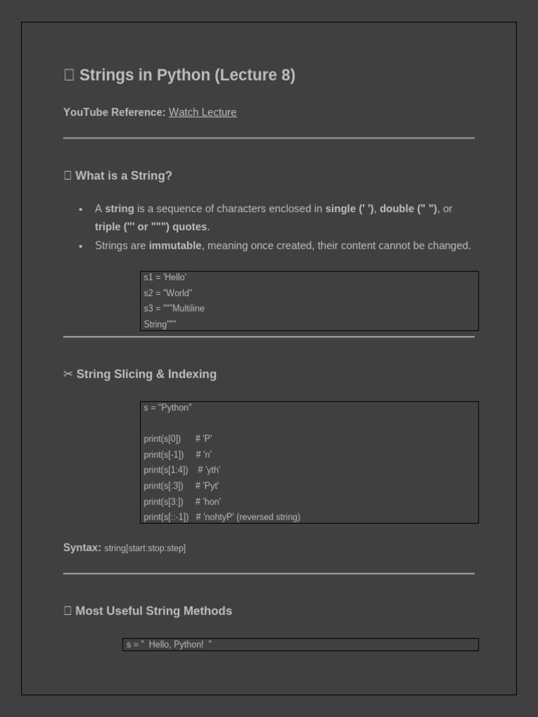 Lecture 8 (Strings in Depth in Python) | PDF | Boolean Data Type | Computer Programming