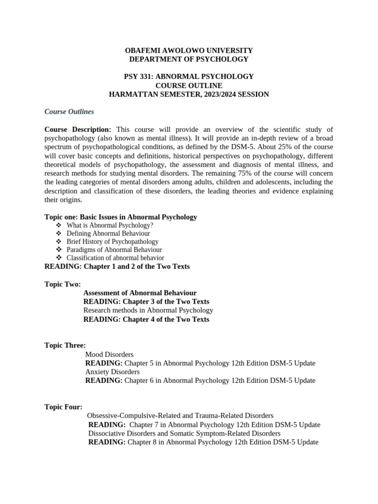Abnormal Psychology Course Outline | PDF | Abnormal Psychology | Mental ...