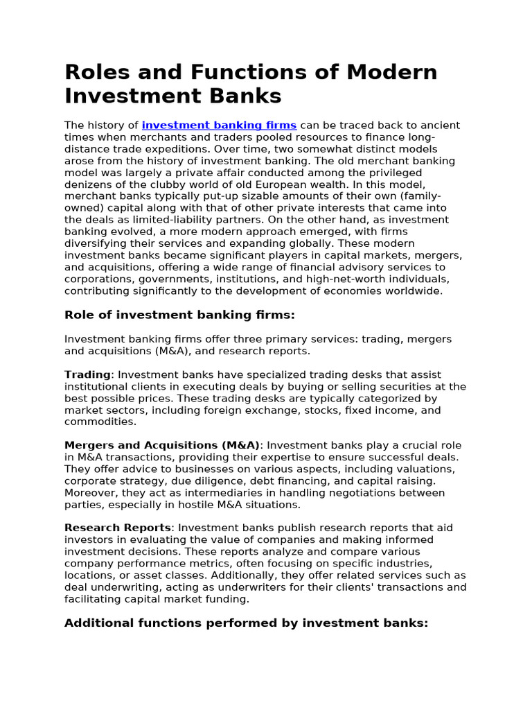 Roles and Functions of Modern Investment Banks-1 | PDF | Investment ...