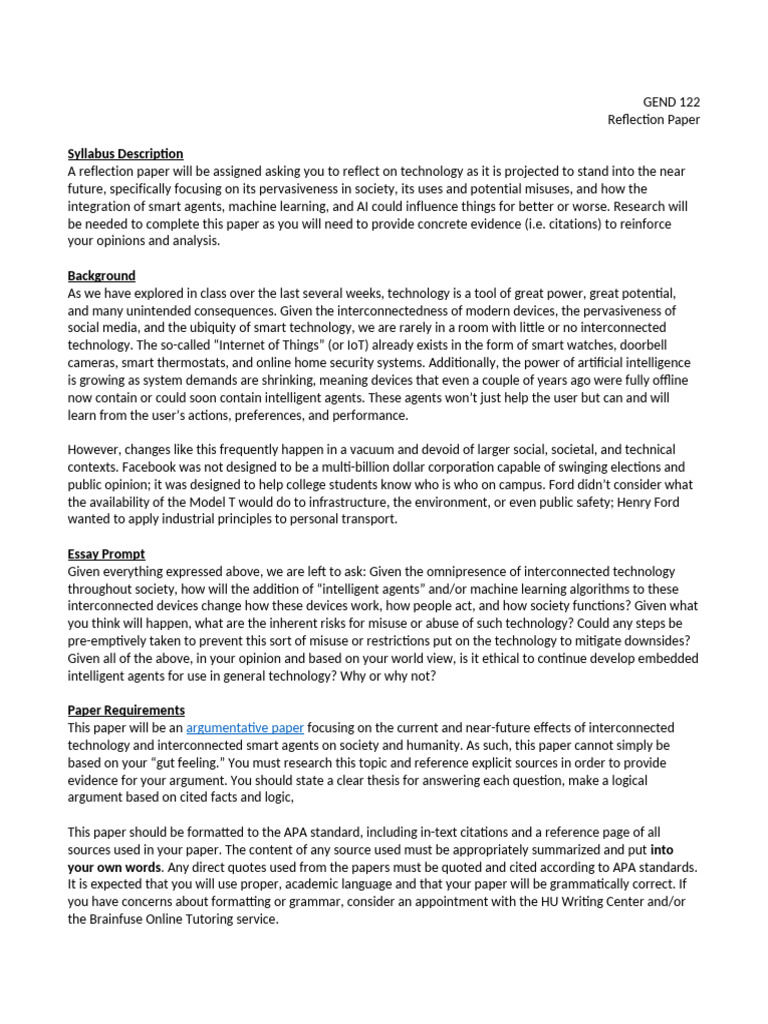 Key Assignment 1 - Reflection Paper | PDF | Internet Of Things | Essays