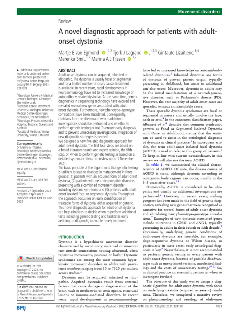 Adult Dystonia Classification | PDF | Dystonia | Neurology