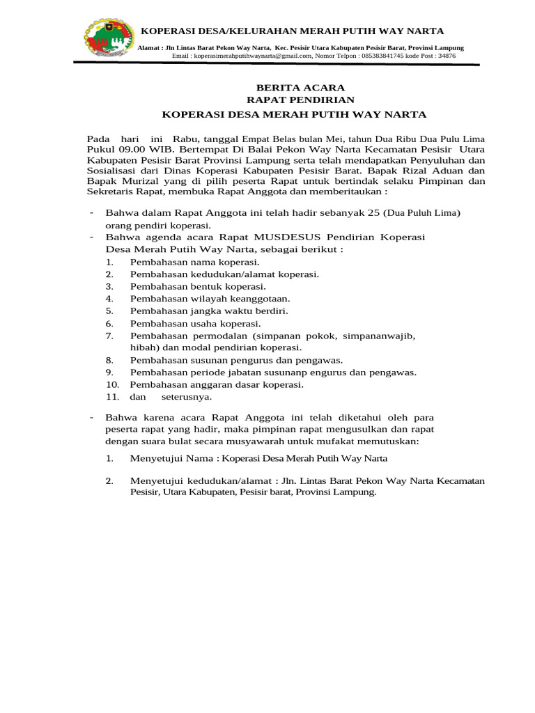 Berita Acara Koperasi Desa Marah Putih Way Narta | PDF