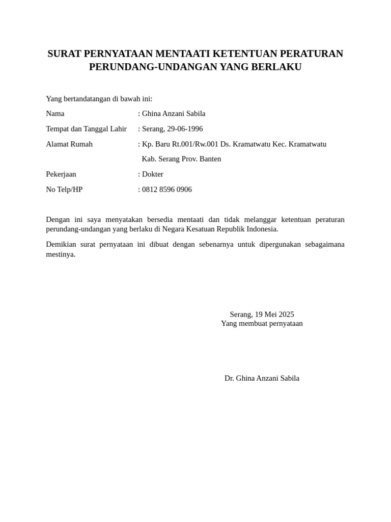 Surat Pernyataan Patuh Hukum Indonesia | PDF