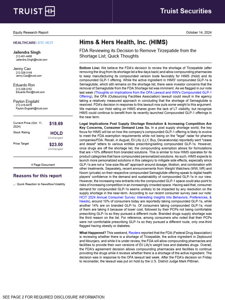 2024-10-14-HIMS.n-truist Securities-FDA Reviewing Its Decision To Remove Tirzepatide From The Sh ...