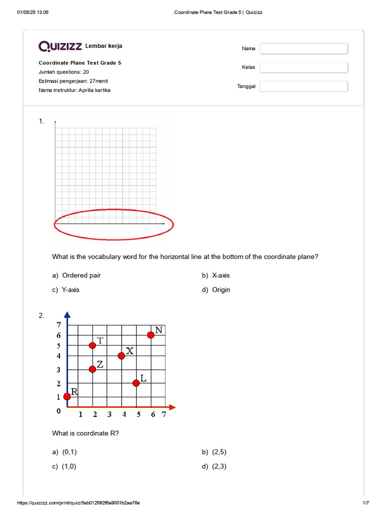 Grade 5 Coordinate Plane Quiz | PDF | Cartesian Coordinate System ...