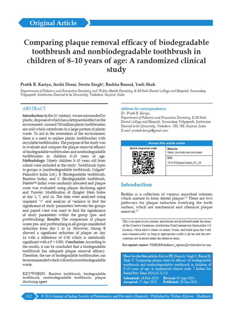 Comparing Plaque Removal Efficacy of Biodegradable.7 | PDF | Toothbrush