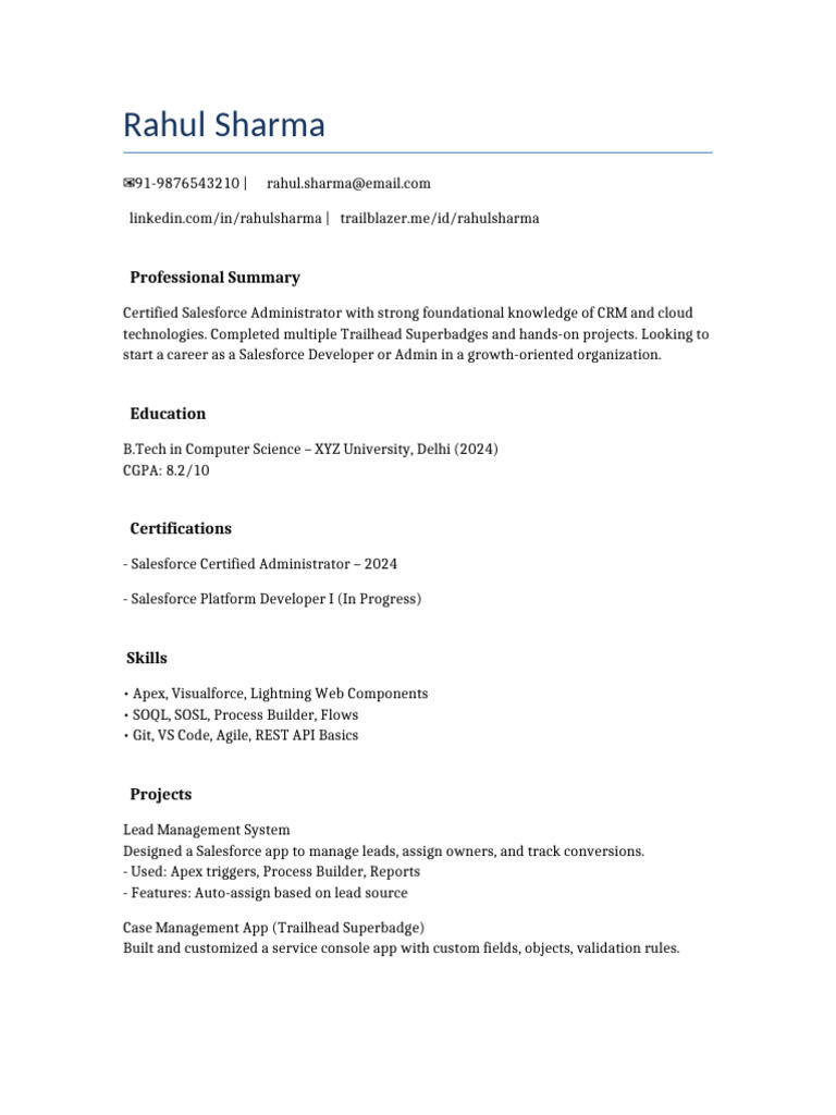 Salesforce Fresher Resume Rahul Sharma | PDF