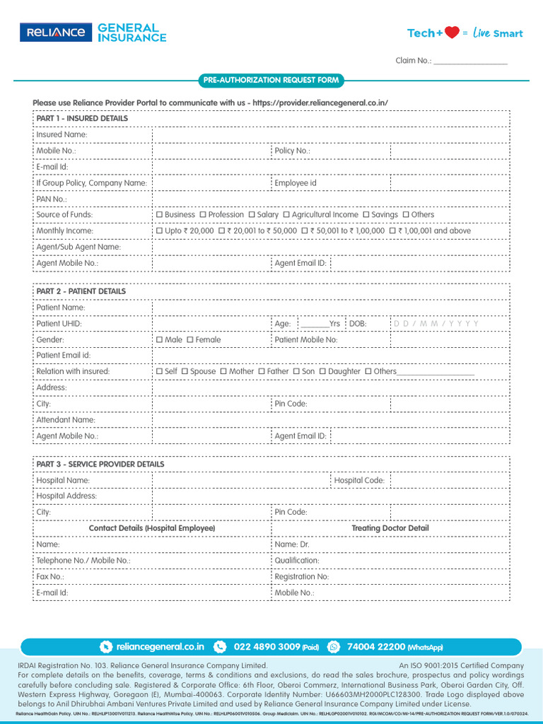 Preauthorization Health Claim Form | PDF | Insurance