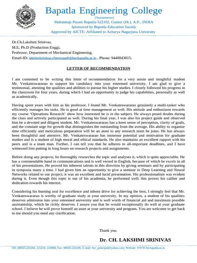 Letter of Recommendation - Lakshmi Srinivas Sir | PDF | Social ...