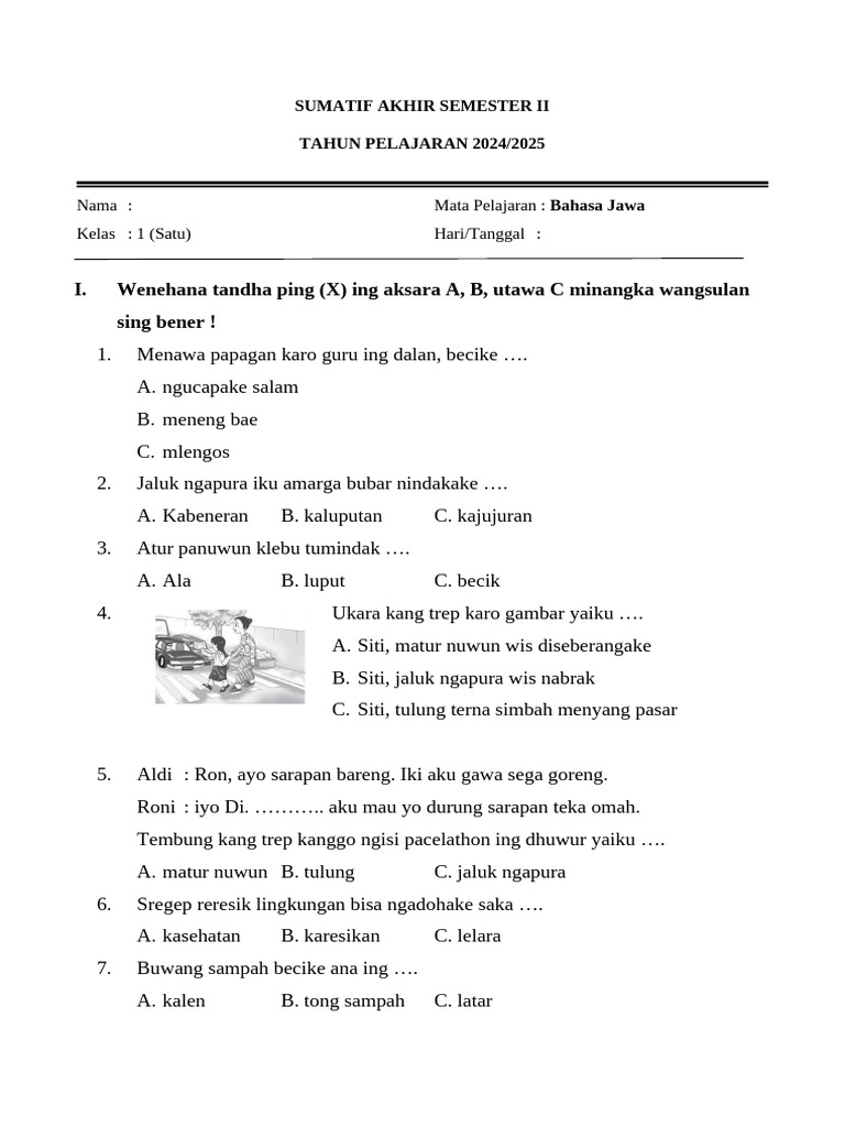 Kelas 1 - Bahasa Jawa Print | PDF
