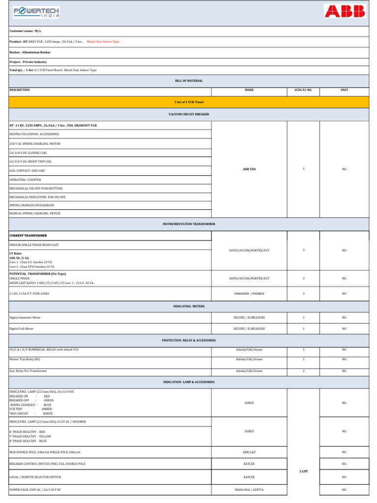 ABB 11kV VCB Panel Specifications | PDF | Transformer | Relay