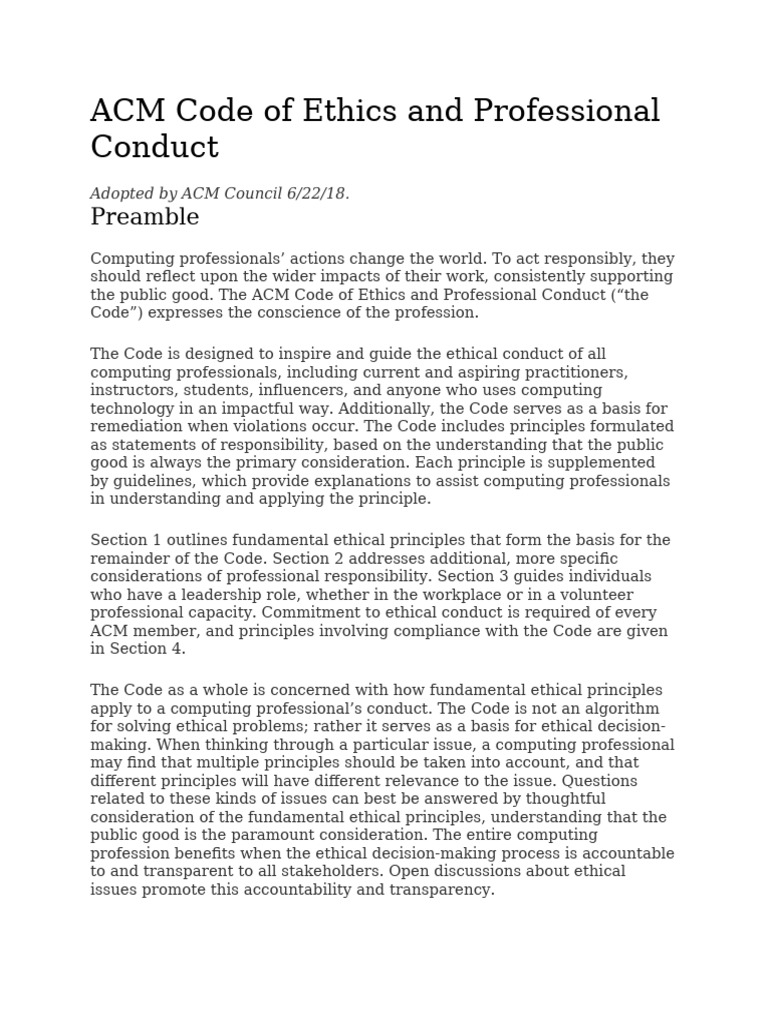 ACM Code of Ethics and Professional Conduct 2018 | PDF | Discrimination ...