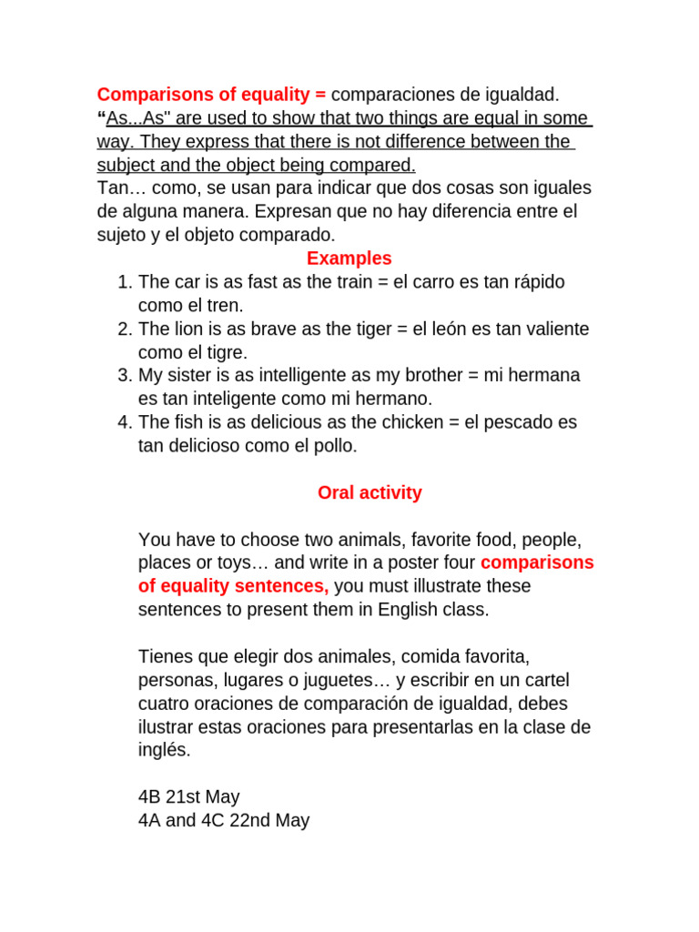 Oral Activity, Comparisons of Equality 4Â° | PDF