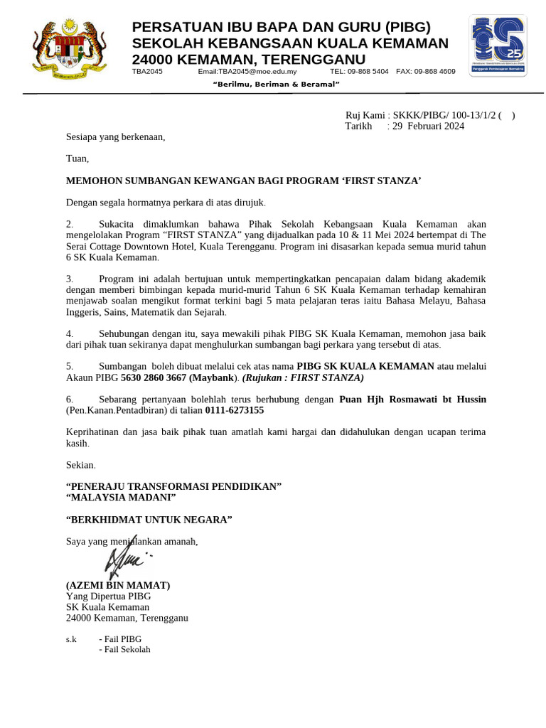 Surat Pohon Sumbangan Program First Stanza 2024 Ydp | PDF