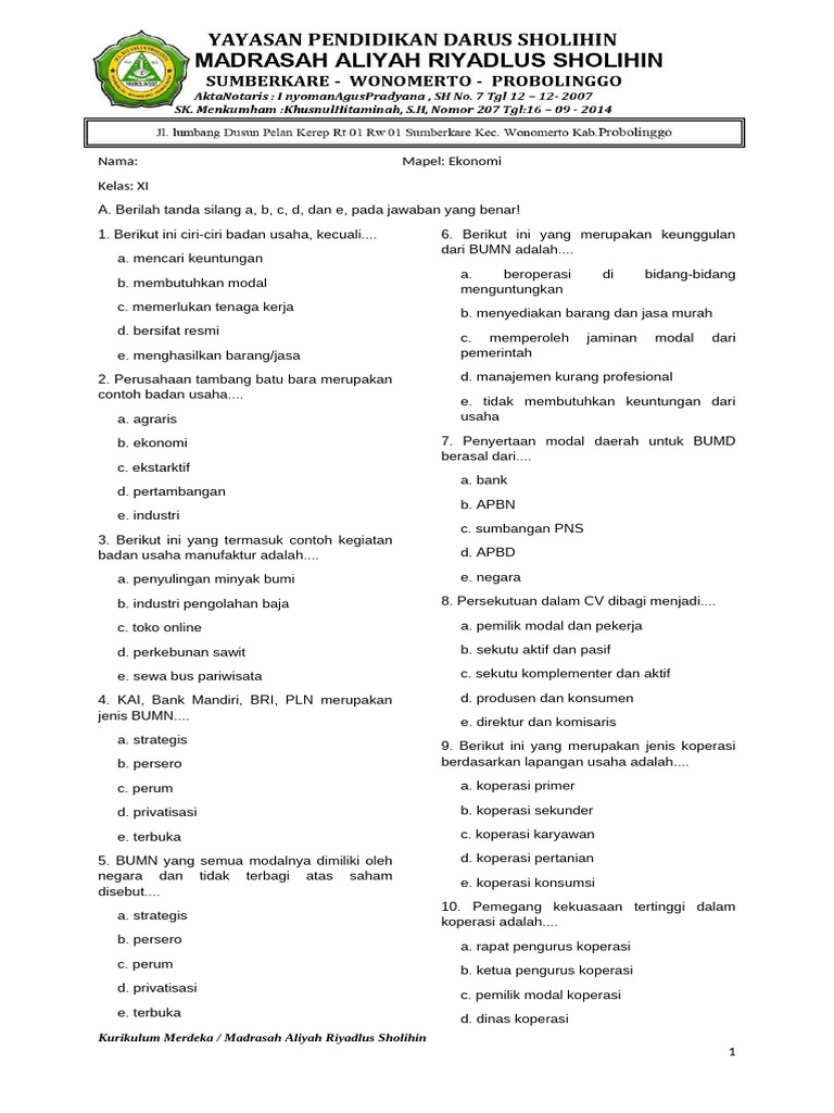 Soal EKONOMI KELAS 11 Semester Ganjil | PDF