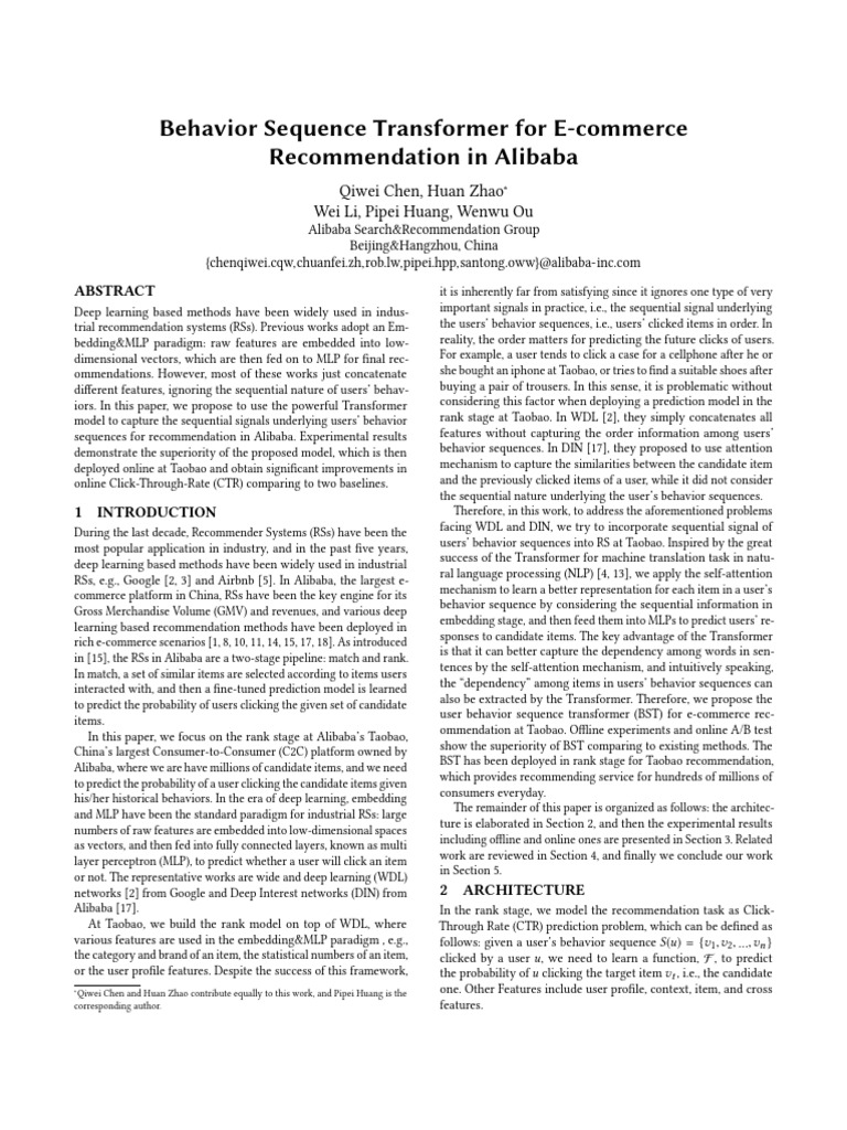 Behavior Sequence Transformer for E-commerce Recommend in Alibaba | PDF | Applied Mathematics ...