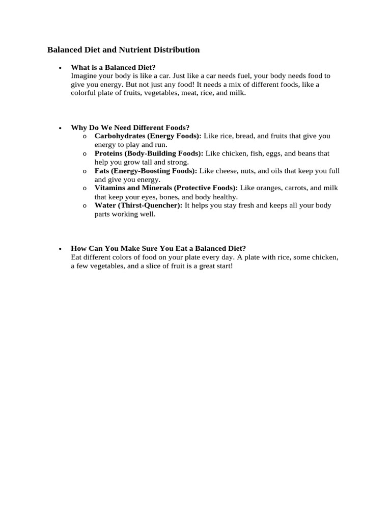 Balanced Diet and Nutrient Distribution | PDF