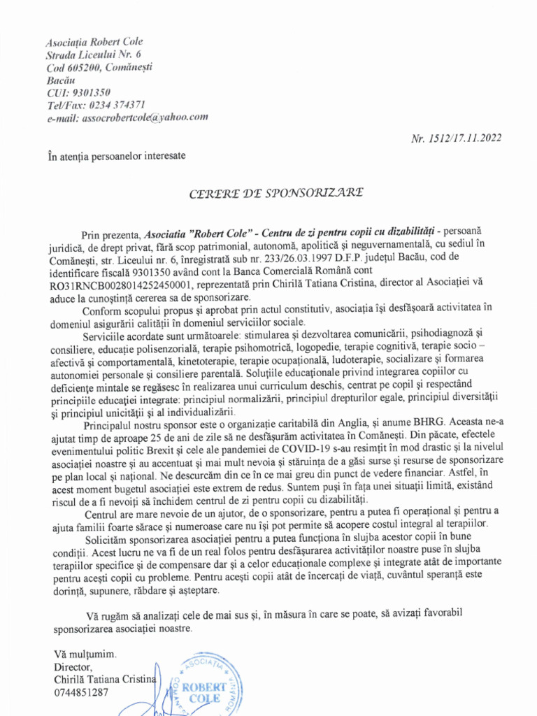 Cerere de Sponsorizare Simba Invest | PDF