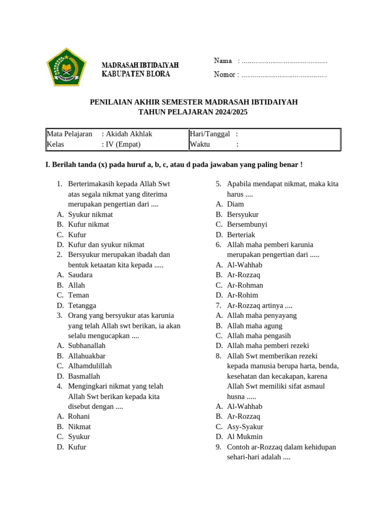 Soal PAS Akidah Akhlak Kelas 4 SMT 1 | PDF