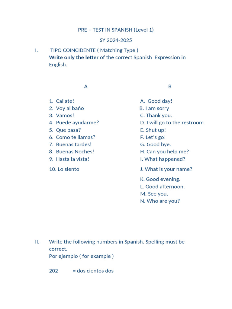 Pre-Test de Español Nivel 1 para 2024 | PDF