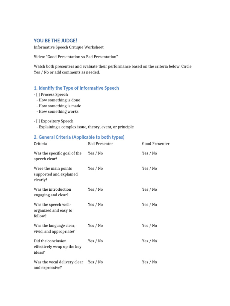 Informative Speech Critique Rubric | PDF