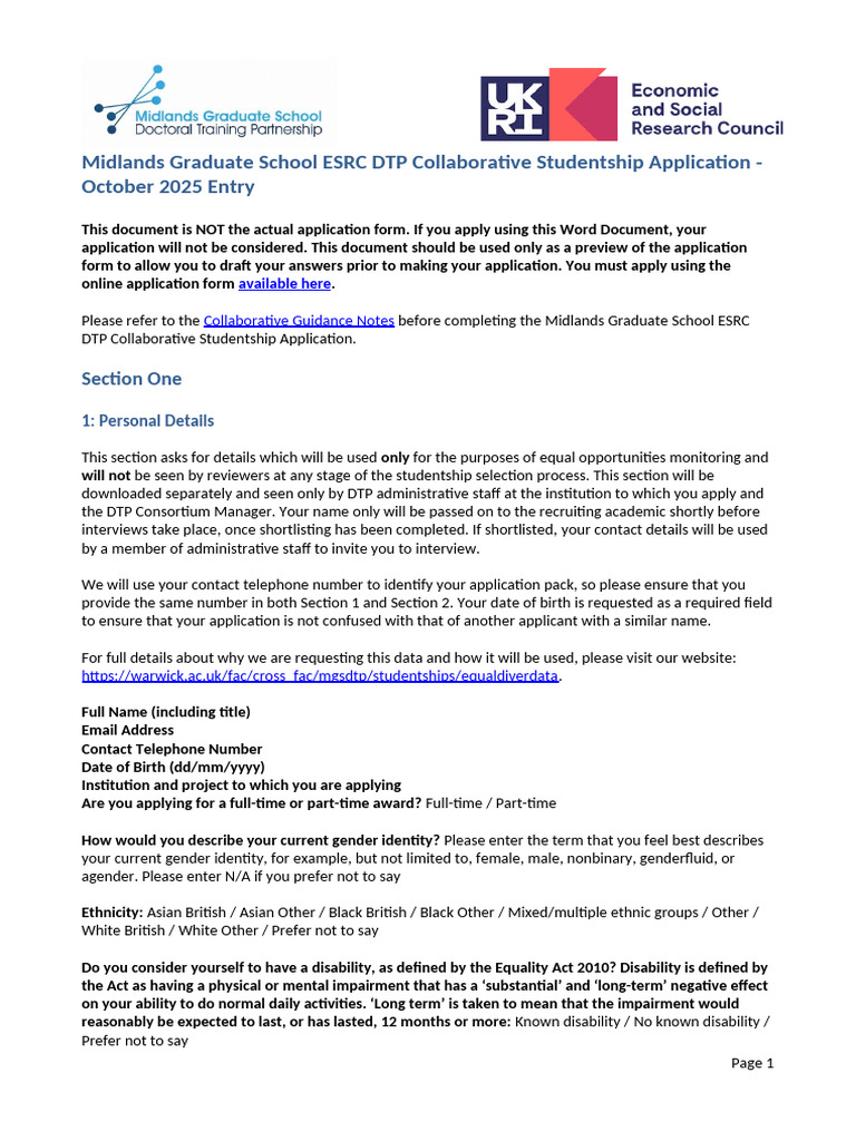 2025_collaborative studentship application form | PDF | Disability ...