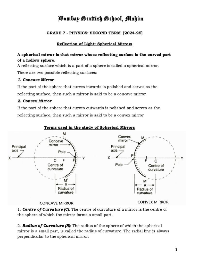 G7HANDOUT - Reflection of Light - Spherical Mirrors | PDF | Mirror | Sphere