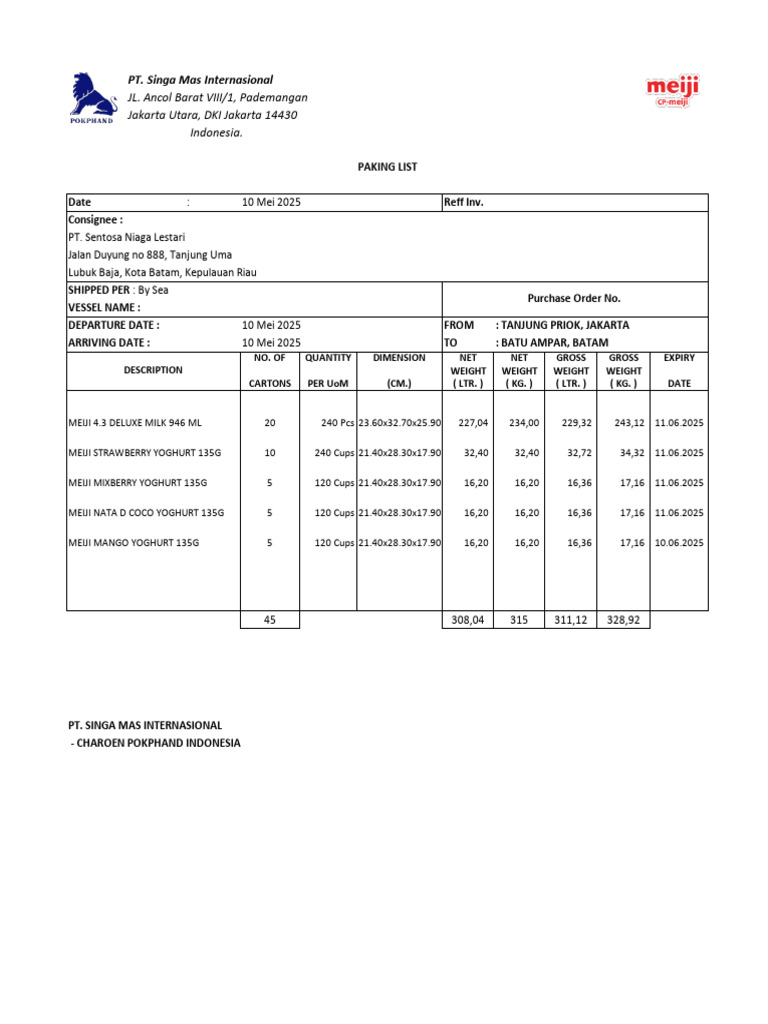 PAKING LIST - BATAM 10 MEI 2025 SNL | PDF