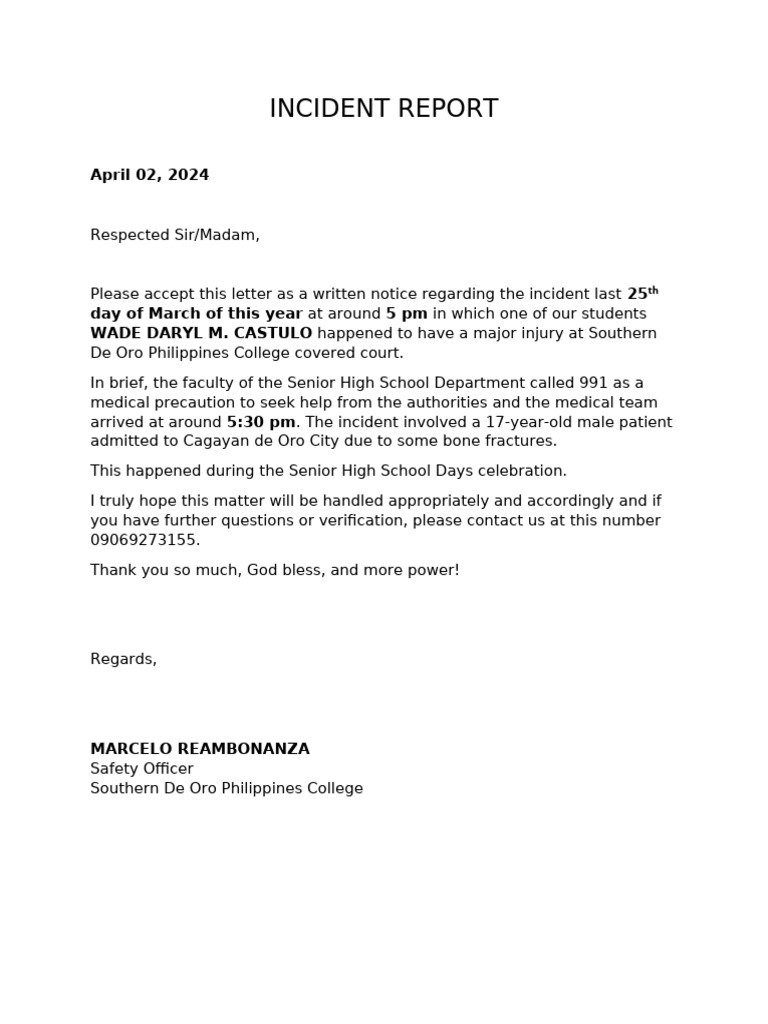 Incident Report: Student Injury Case | PDF