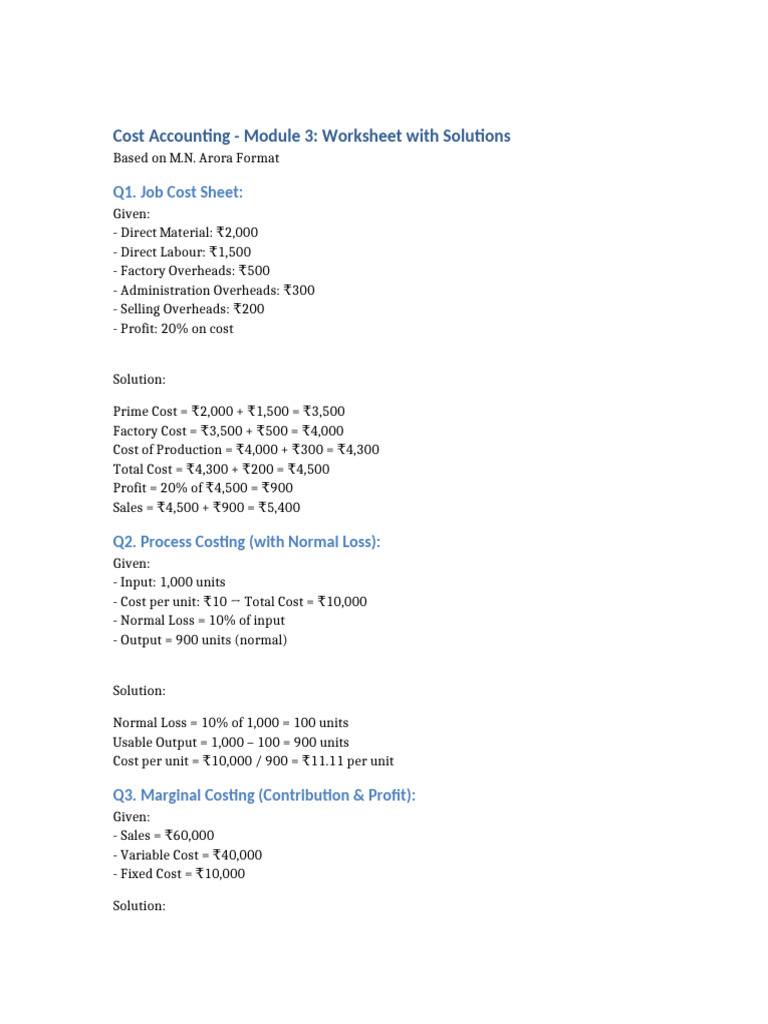 Cost Accounting Module3 Worksheet With Solutions | PDF